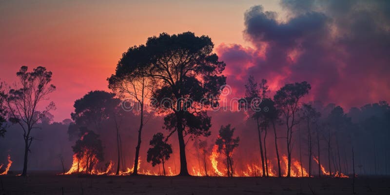 Wildfire Burning through Trees at Sunset. Stock Photo - Image of trees ...
