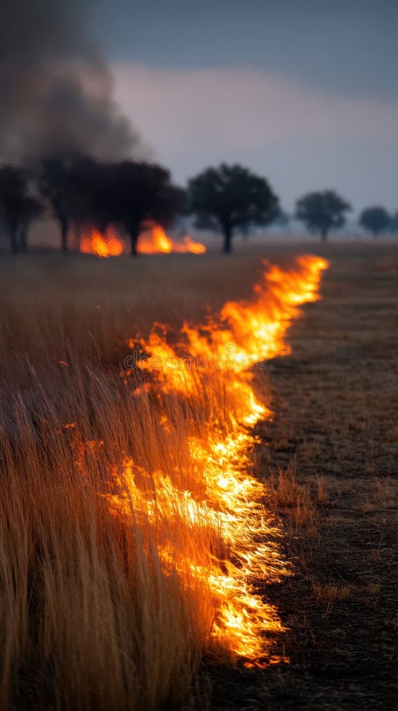 Wildfire Burns through Field of Dry Grass, with Trees in Background ...