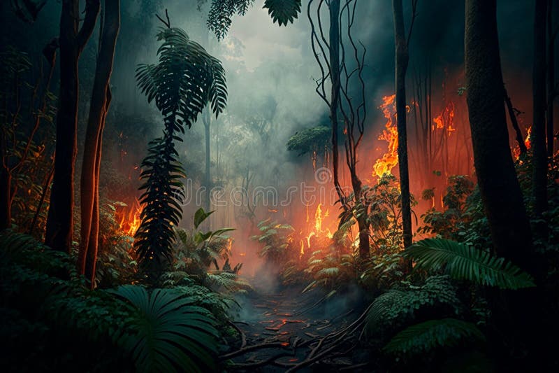 Wildfire Burns Ground in Nature Tropical Forest, Generative Ai Stock ...