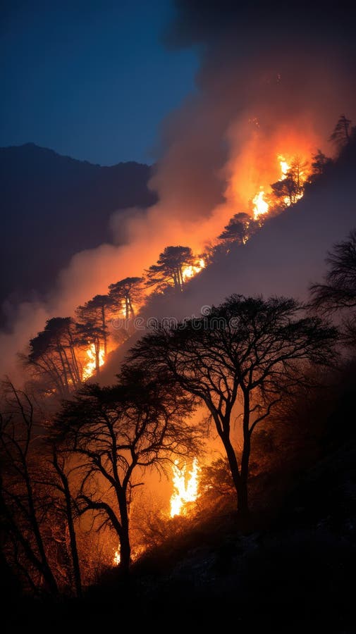 Wildfire Burns Intensely on Forested Hillside at Night Stock ...
