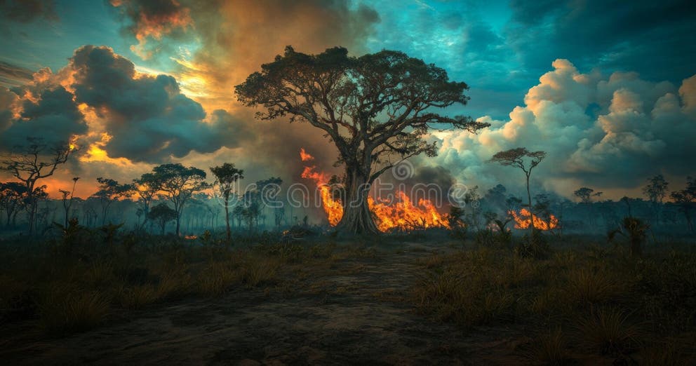 The Wildfire Caused a Fallen Tree To Burn To the Ground, Accompanied by ...