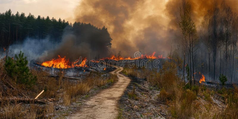 Wildfire Consuming Forest Path with Dense Smoke and Flames Rising High ...