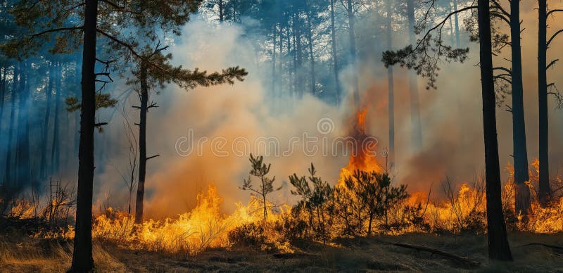 Wildfire Consuming a Forest, Thick Smoke and Flames Rising, Concept of ...