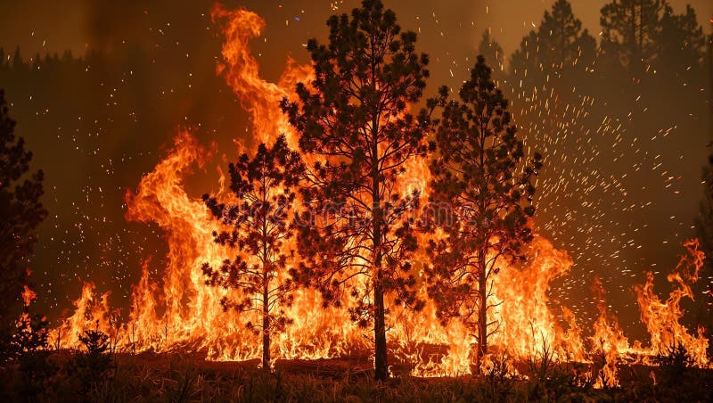 Wildfire Consuming Young Trees in a Forest Flames and Smoke Engulfing ...