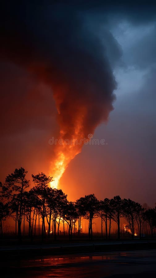 Wildfire Creates Dramatic Tornado of Fire and Smoke Over Silhouetted ...