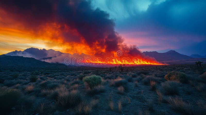 Wildfire in Desert at Sunset with Dramatic Smoke and Flames Stock ...