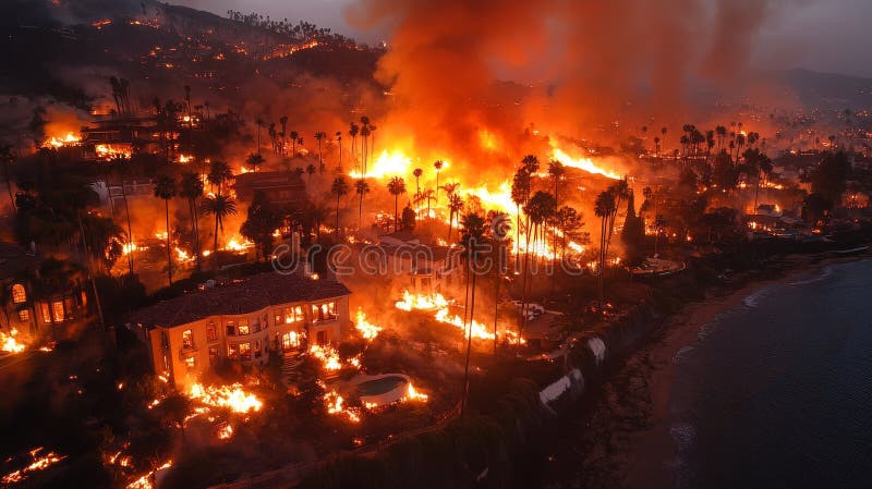Wildfire Devastation of Coastal Homes at Sunset: Aerial View of ...
