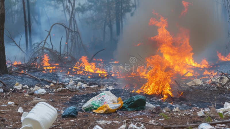 Wildfire Devouring Trash in Forest Stock Image - Image of waste ...