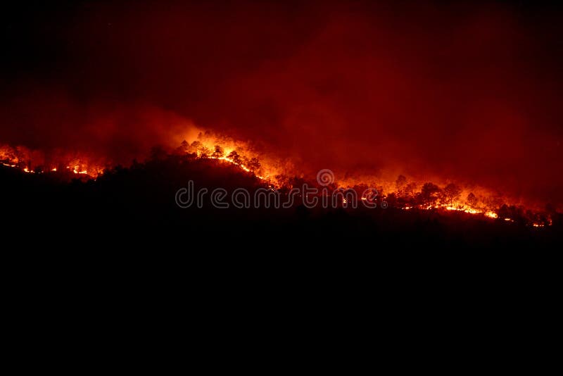 Wildfire Disaster - Fire Burning Mountain in Night Time Stock Photo ...