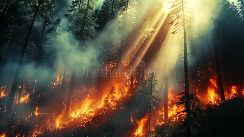 Wildfire Engulfing Dense Forest with Dramatic Sunlight, Environmental ...
