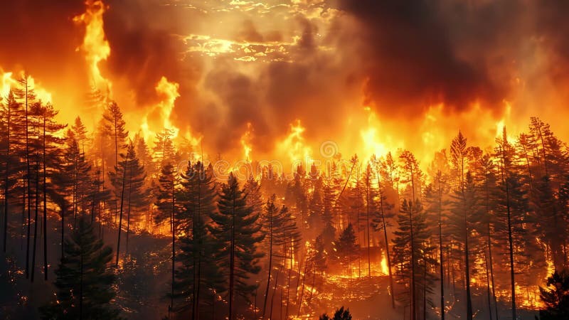 Wildfire Engulfing Dense Forest Under Dramatic Sky Stock Footage ...