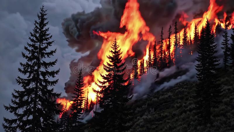 Wildfire Engulfing Dense Forest Under Dramatic Sky, Environmental ...