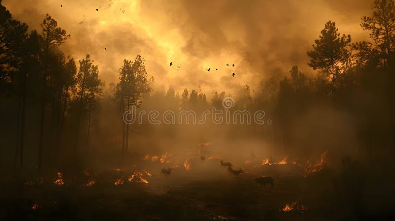 Wildfire Engulfing Forest with Silhouetted Wildlife and Birds at Sunset ...