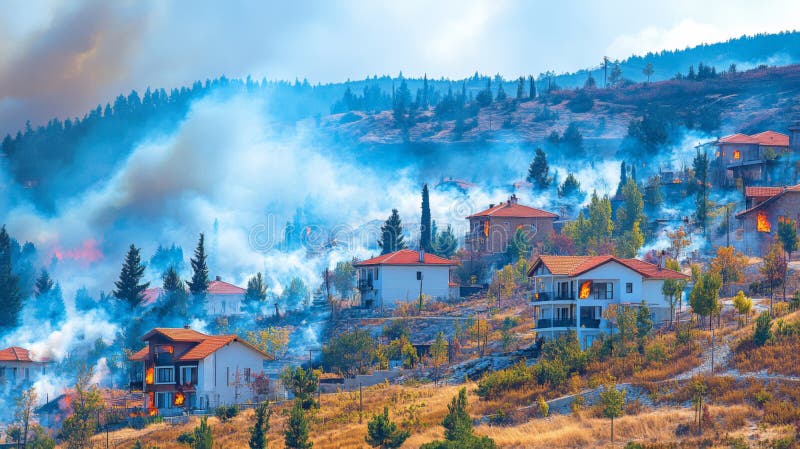 Wildfire Engulfs Hillside Homes Burning Buildings Smoke Stock Image ...