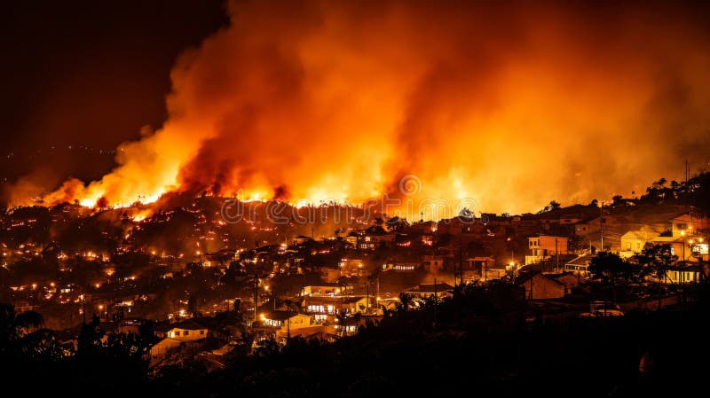Wildfire Engulfs Hillside Homes at Night Illuminating the Scene Stock ...