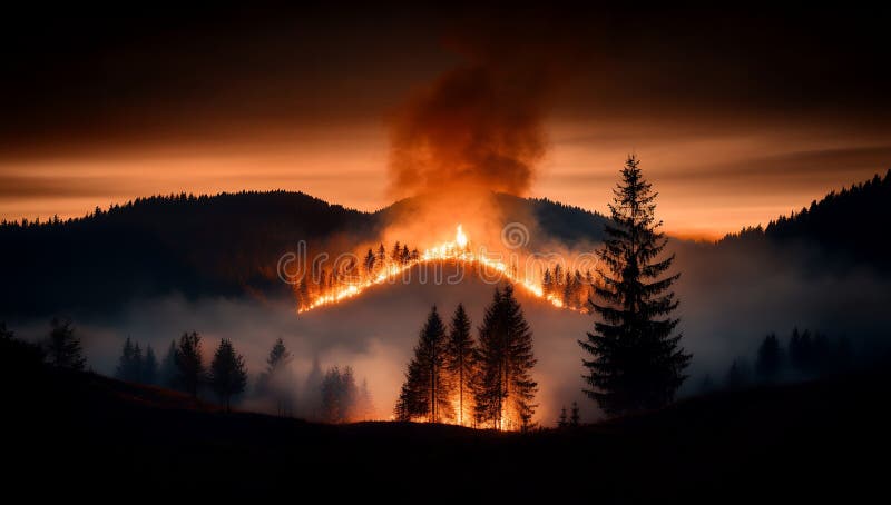 Fiery Mountain Wildfire Inferno Burning Night Sky Stock Photos - Free ...