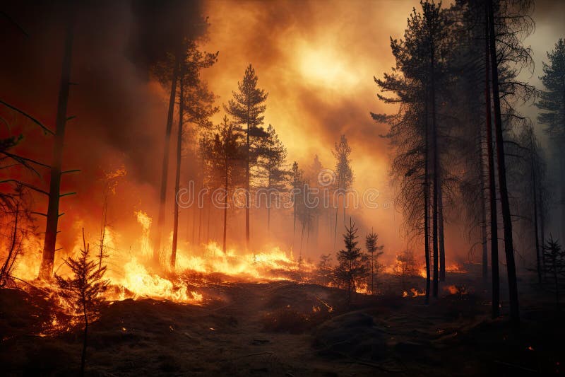 Wildfire in Forest with a Lot of Smoke. Flames of Forest Fire Stock ...