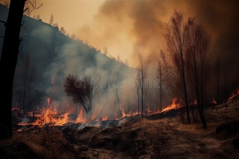 Wildfire Forest Much Smoke and Fire, Dramatic, Climate Disaster Stock ...