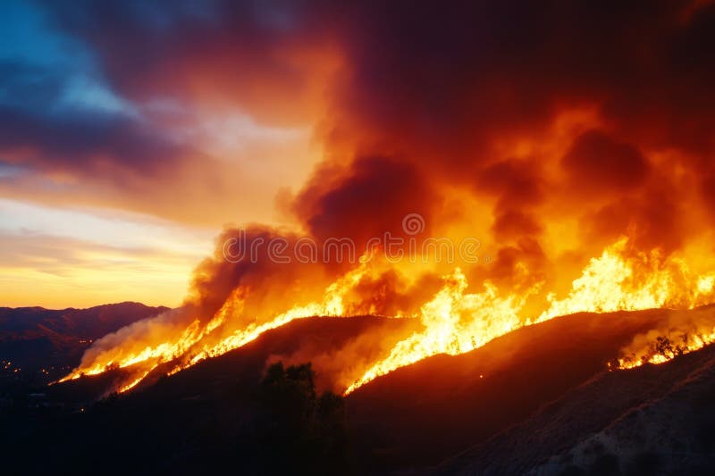 Wildfire Inferno at Sunset Fierce Wildfire Raging Across a Hillside at ...