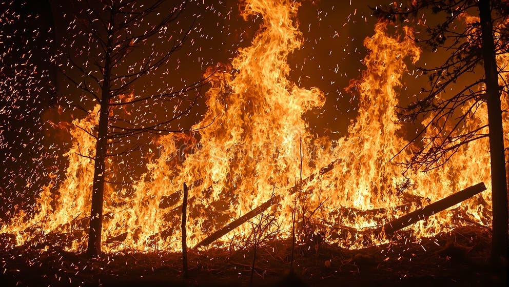 Wildfire in Motion Trees Ablaze Sparks Dancing in the Wind Stock ...