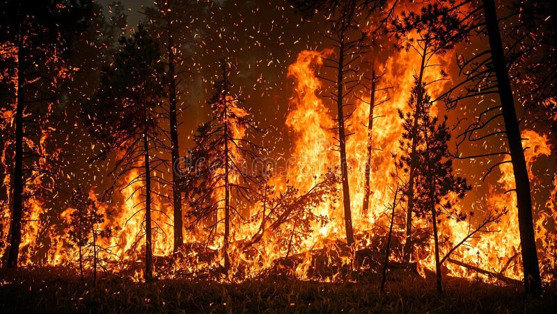 Wildfire in Motion Trees Ablaze Sparks Dancing in the Wind Stock ...