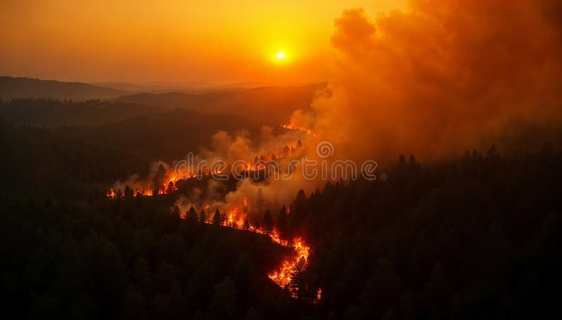 A Wildfire Rages through a Forest during Sunset Stock Illustration ...