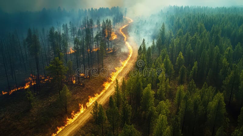 Wildfire Raging Along a Forested Path Thick Smoke Rising Stock ...