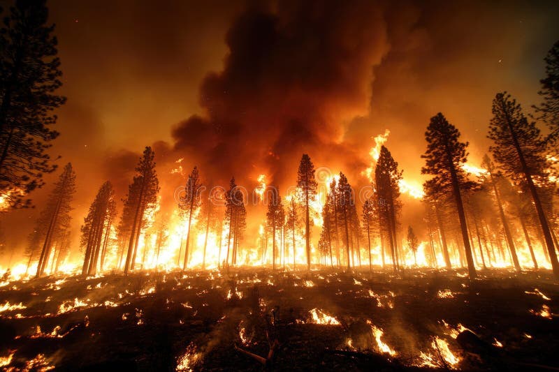 Wildfire Raging through a Dense Forest during a Dramatic Nighttime ...