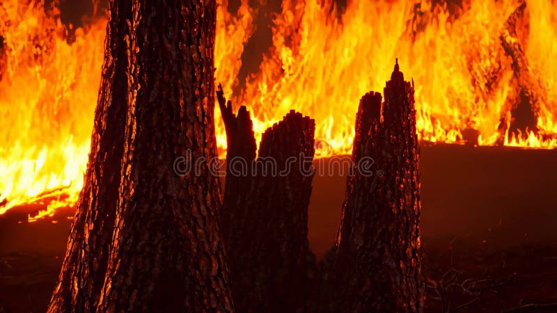 Wildfire Raging through Forest Destroying Charred Tree Trunks Stock ...