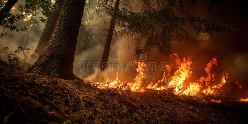 Wildfire Raging through Forest with Intense Flames and Heavy Smoke in ...