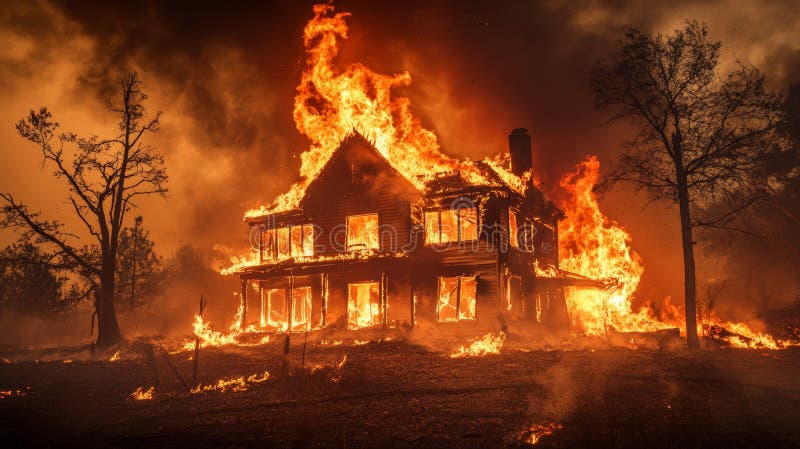 Burning House Engulfed in Flames during Wildfire at Night Stock Photo ...