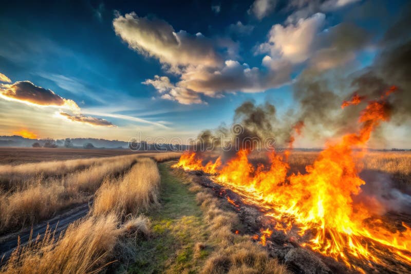 Wildfire Ravages a Field Under a Clear Sky a Dramatic Visual of ...