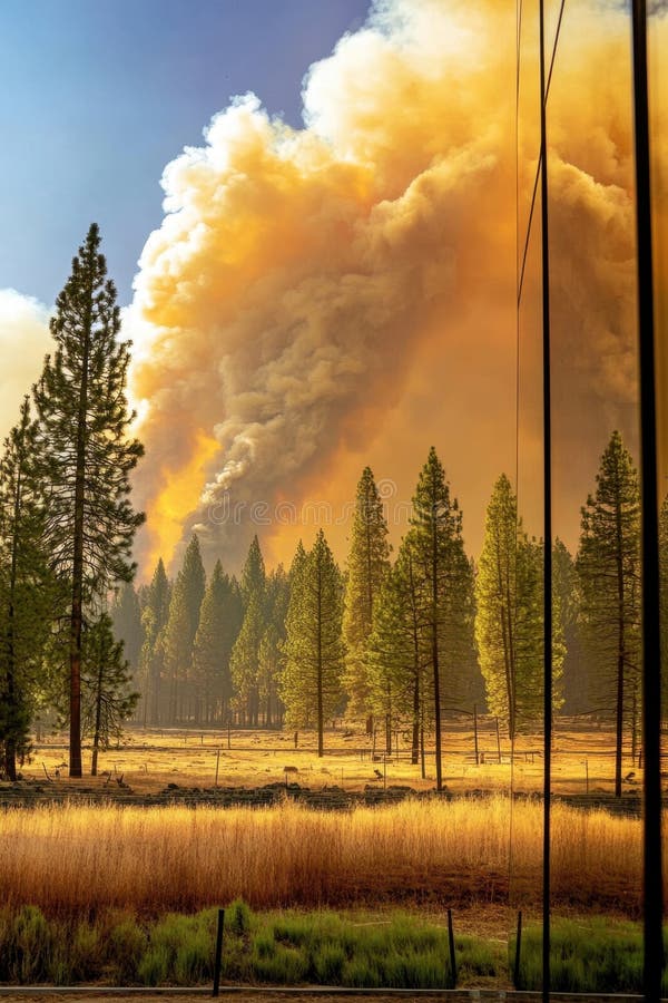 Wildfire Smoke Billowing Over Forest with Glass Reflection of Trees ...