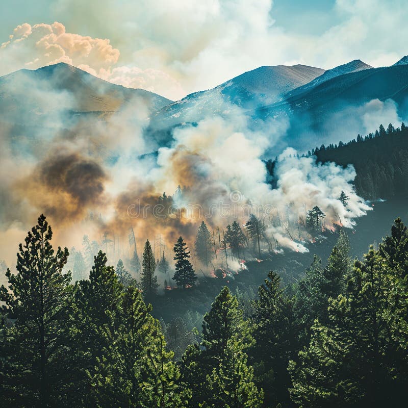 Wildfire Smoke Billows Over Mountainous Forest Landscape Stock Photos ...