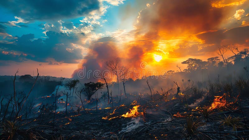Wildfire Spreading through a Dry Forest, Smoke and Orange Flames ...