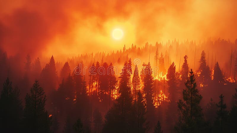 Wildfire Spreading through a Dry Forest, Smoke and Orange Flames ...