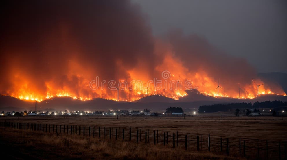 Wildfire Spreading Towards Wind Farm Under Dark Sky Stock Illustration ...