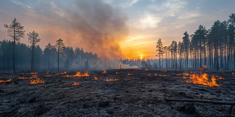 Wildfire Spreads Across Forest Landscape at Dusk, Highlighting ...