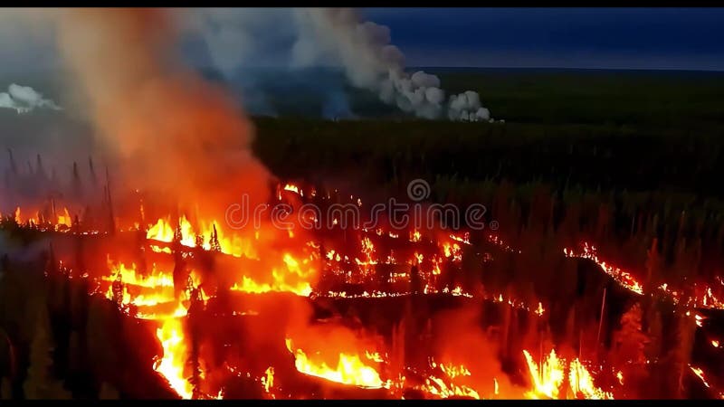 Wildfire Spreads through Dense Forest, Creating Thick Smoke and Bright ...