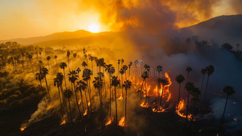 A Wildfire at Sunset, As Seen from Above, with Palm Trees in Flames ...