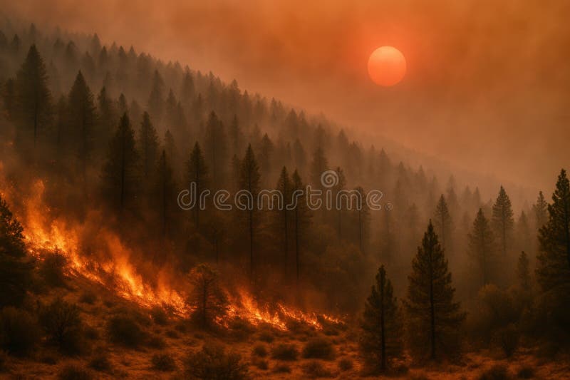Wildfire Sweeps through a Forested Mountainside Beneath an Orange Sun ...