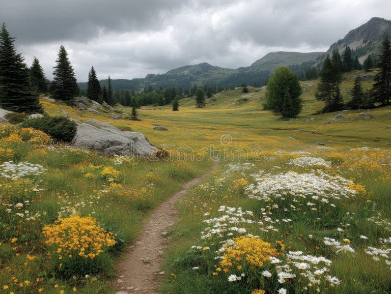 Wildflower Meadow Path in Mountain Landscape Stock Illustration ...