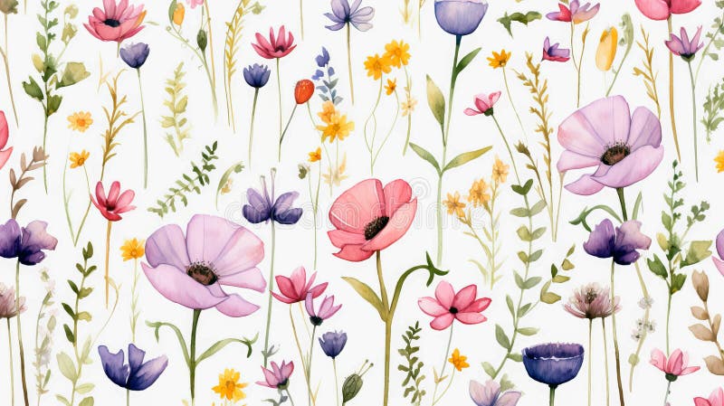 Wildflower Watercolor Seamless Pattern on White Stock Image - Image of ...