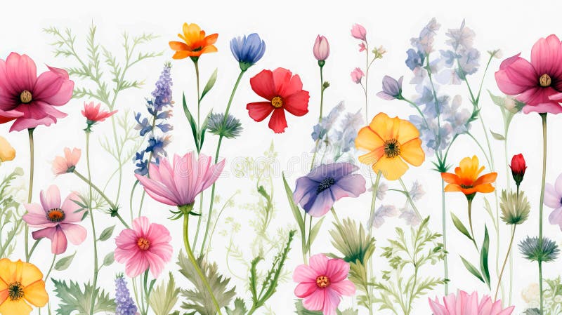 Wildflower Watercolor Seamless Pattern on White Stock Photo - Image of ...