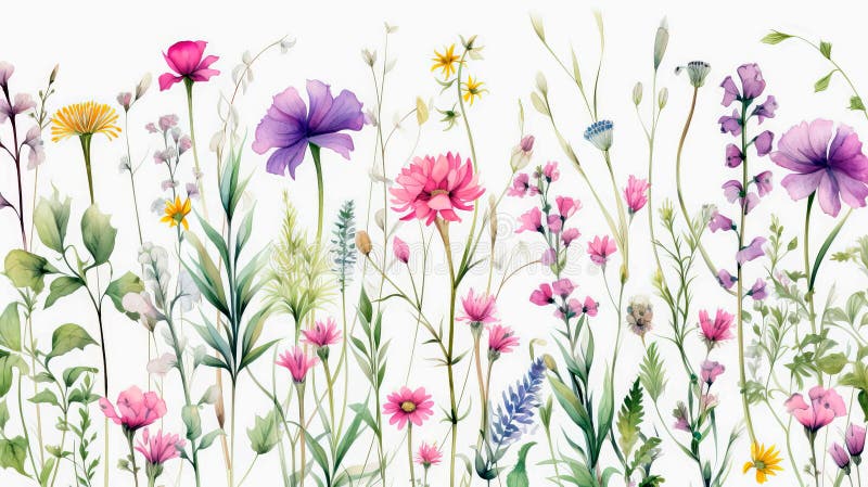 Wildflower Watercolor Seamless Pattern on White Stock Photo - Image of ...