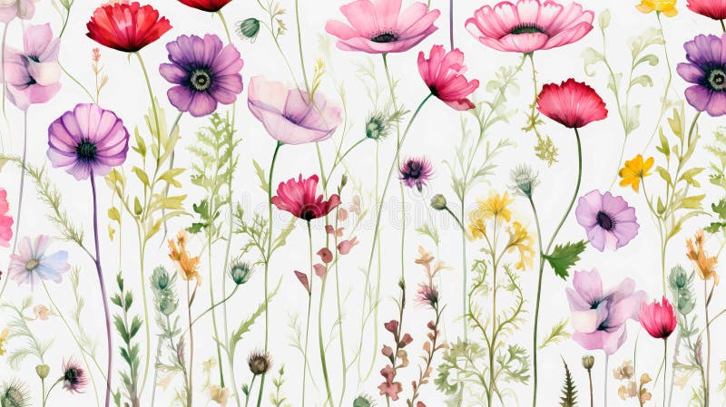 Wildflower Watercolor Seamless Pattern on White Stock Photo - Image of ...