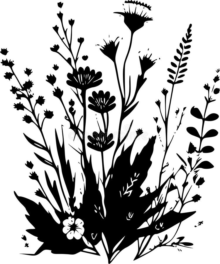Wildflowers - Black and White Isolated Icon - Vector Illustration Stock ...