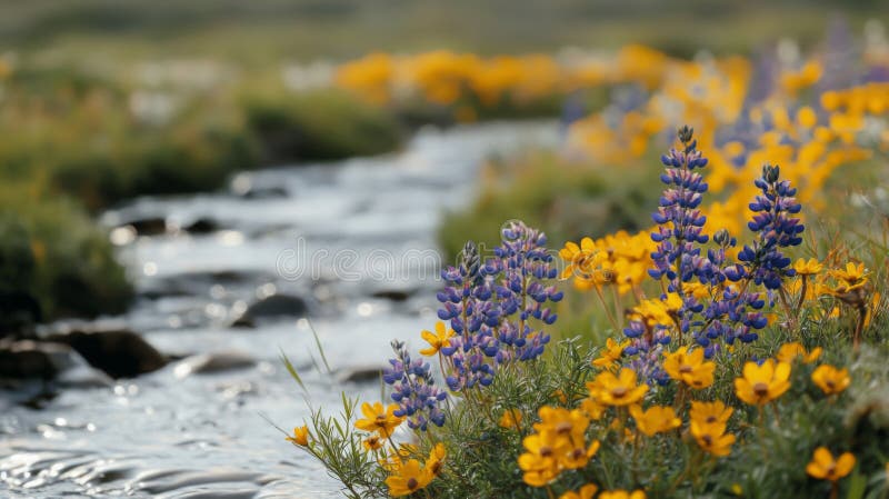 Wildflowers Bloom beside a Gentle Flowing Stream Stock Illustration ...