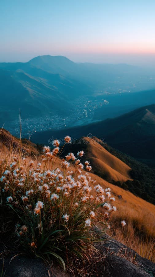 Wildflowers Bloom on Mountain Ridge Overlooking Distant Hills at ...