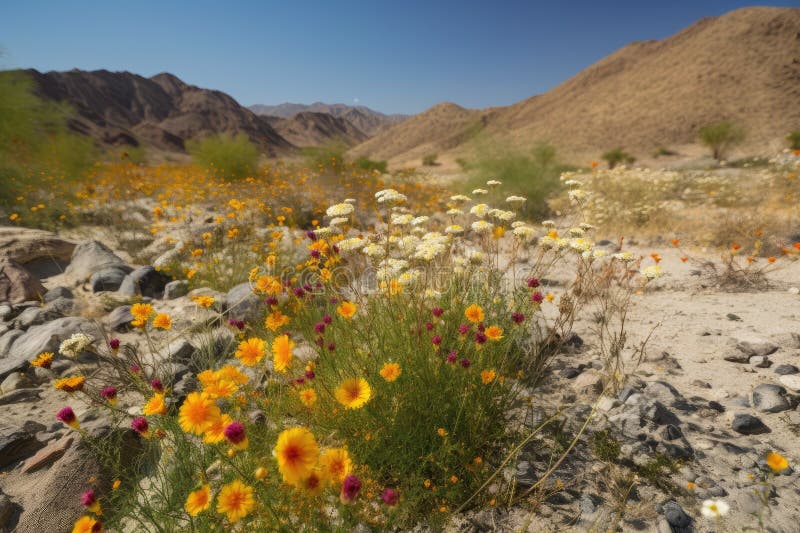 Wildflowers Blooming in Oasis among Desert Hills Stock Image - Image of ...